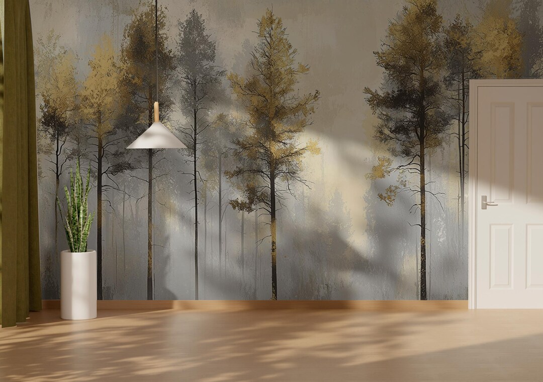 Gold and Gray Misty Forest Wallpaper - Abstract Tree Landscape Wall ...