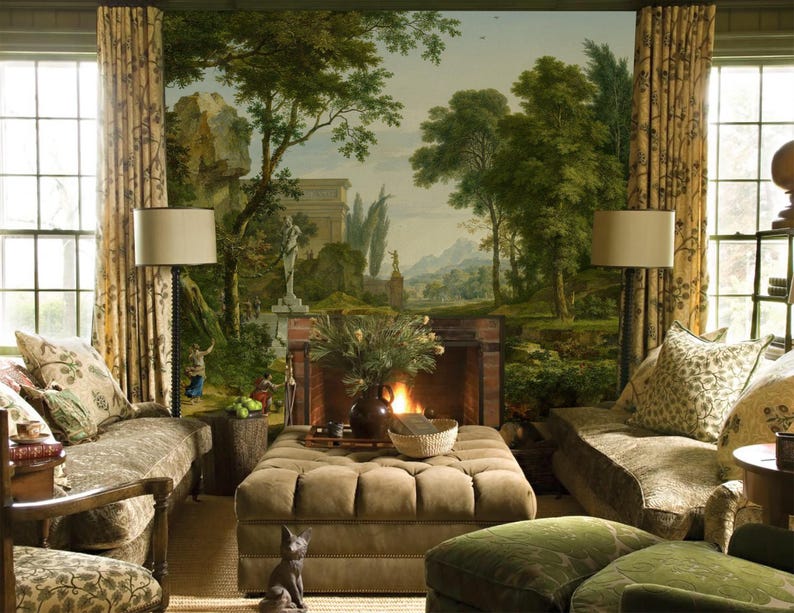Classical Garden Landscape Wallpaper: Elegant Nature Scene (peel and ...