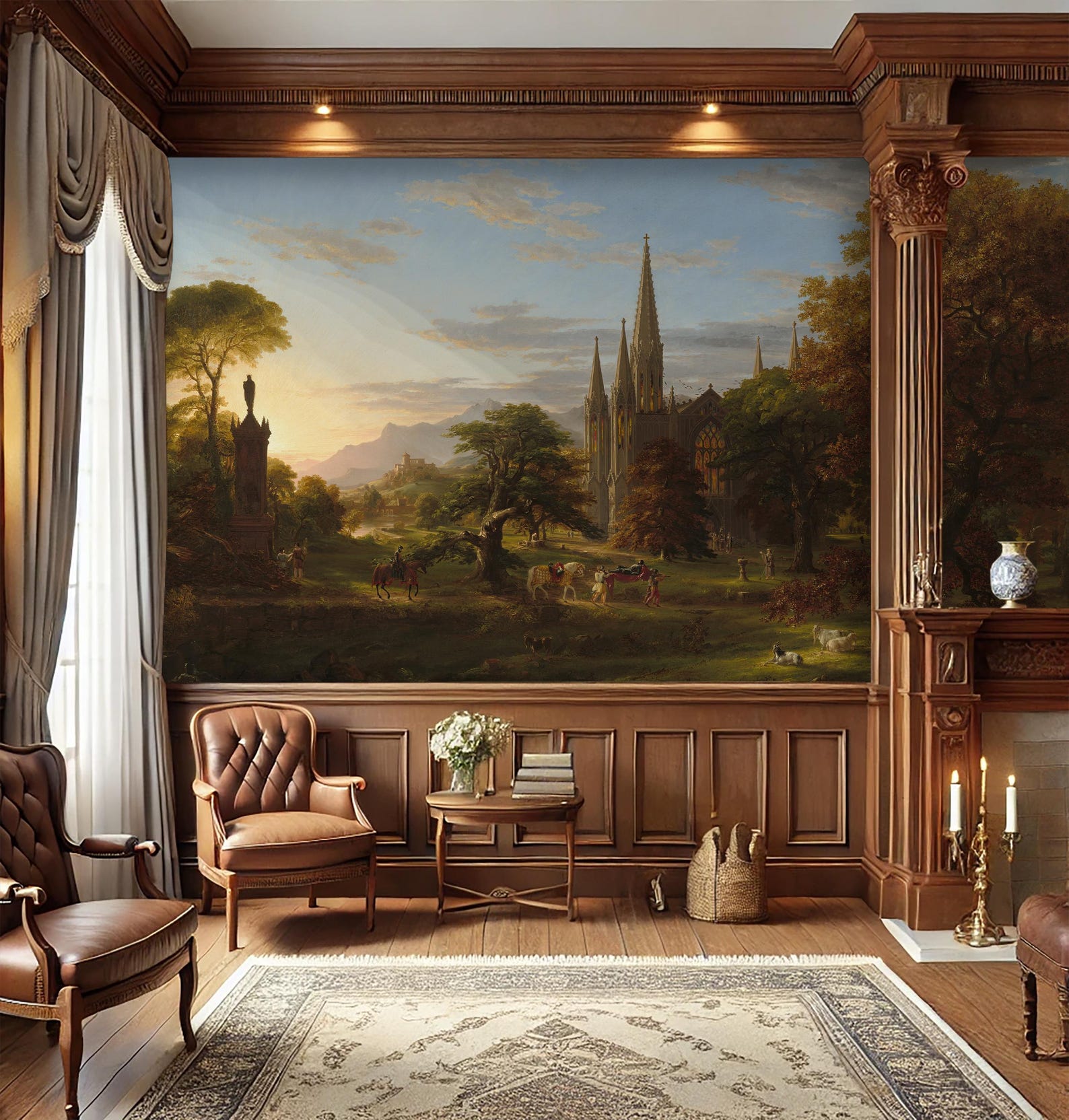 Gothic Church Landscape Wallpaper: Serene Pastoral Wall Mural (peel and ...