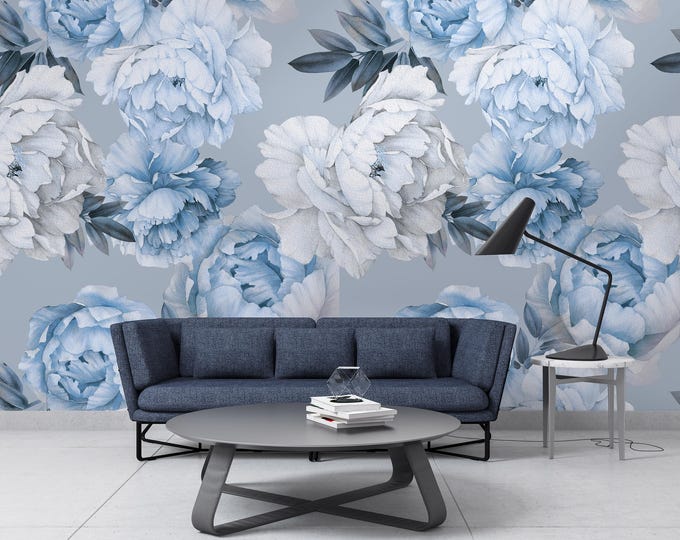 Light Blue Peony Wallpaper / Peel and Stick Wallpaper Removable ...