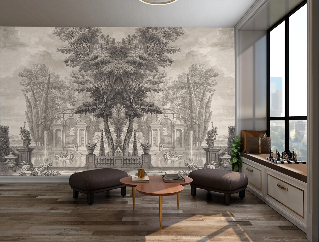 Classical Garden Scene Wallpaper: Retro Landscape, Peel and Stick - Etsy