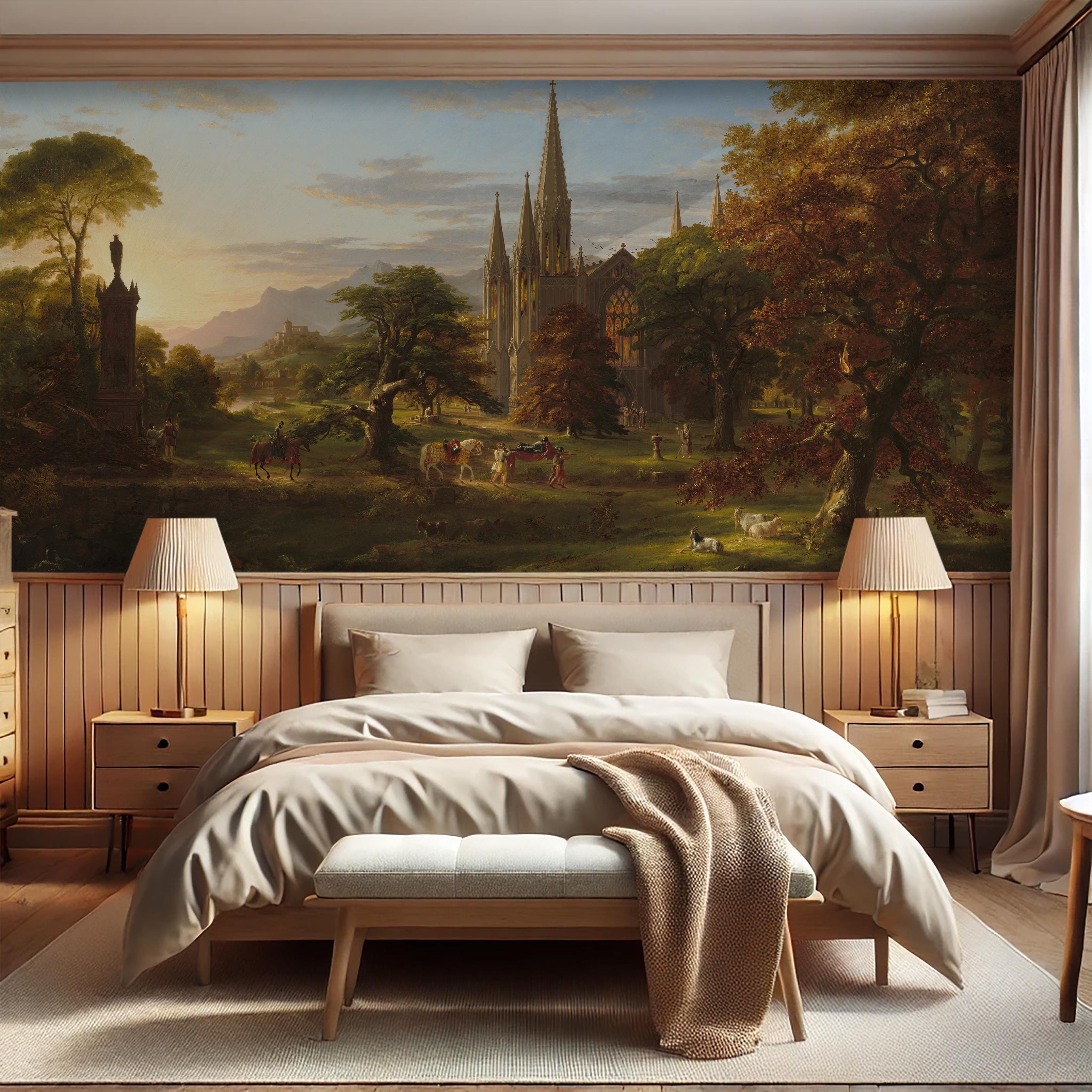 Gothic Church Landscape Wallpaper: Serene Pastoral Wall Mural (peel and ...
