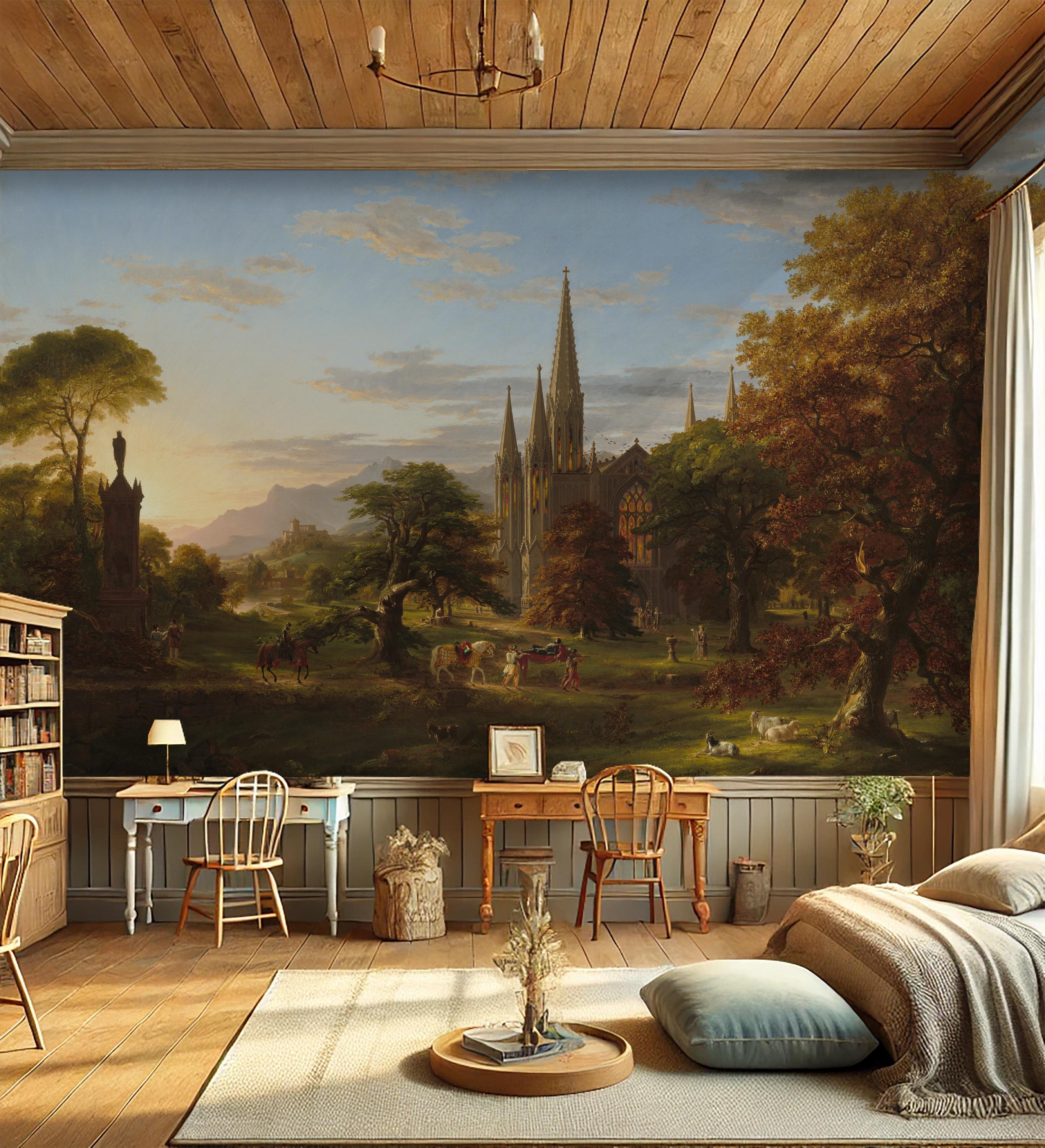 Gothic Church Landscape Wallpaper: Serene Pastoral Wall Mural (peel and ...