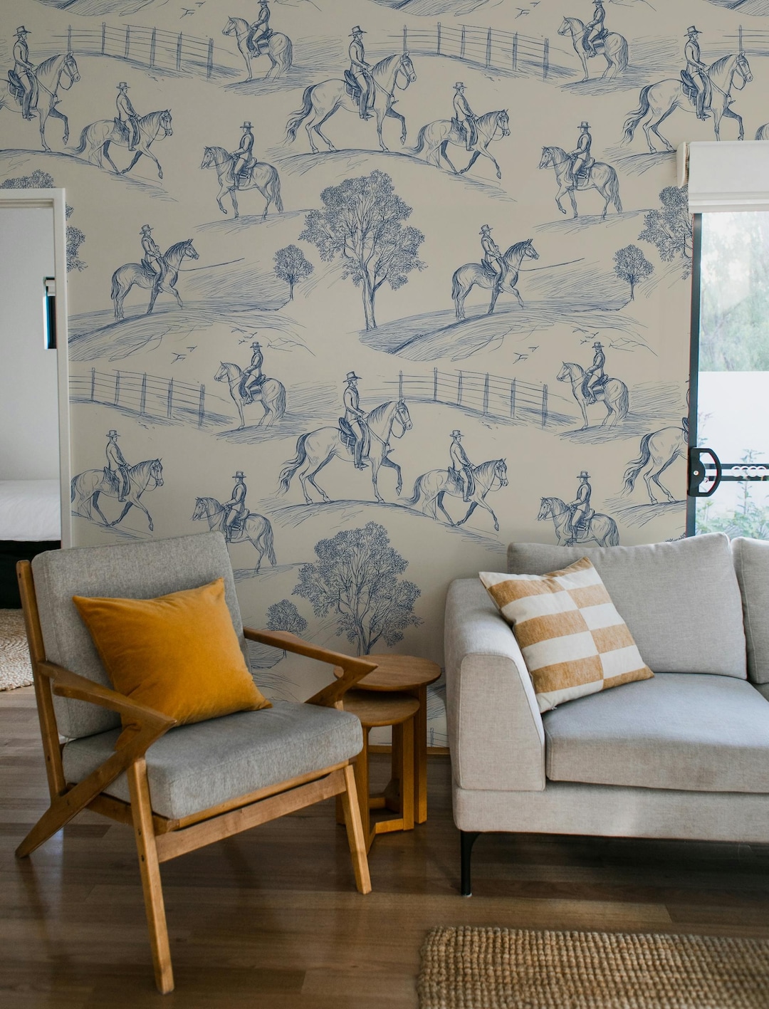 Vintage Equestrian Toile Wallpaper: Blue & Cream Horse Rider Pattern ...