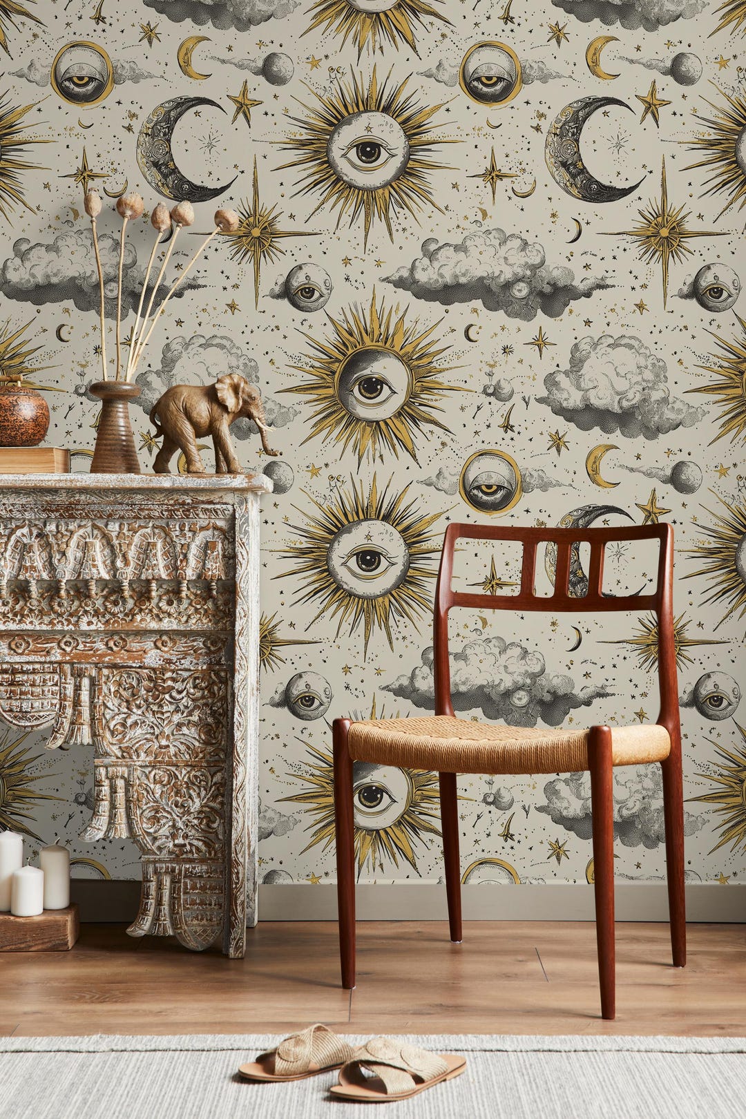 Vintage Astrology-themed Sun, Moon, and Stars Wallpaper - Mystical Sky ...