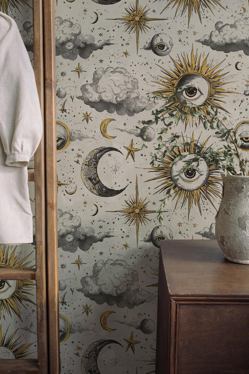 Vintage Astrology-themed Sun, Moon, and Stars Wallpaper - Mystical Sky ...