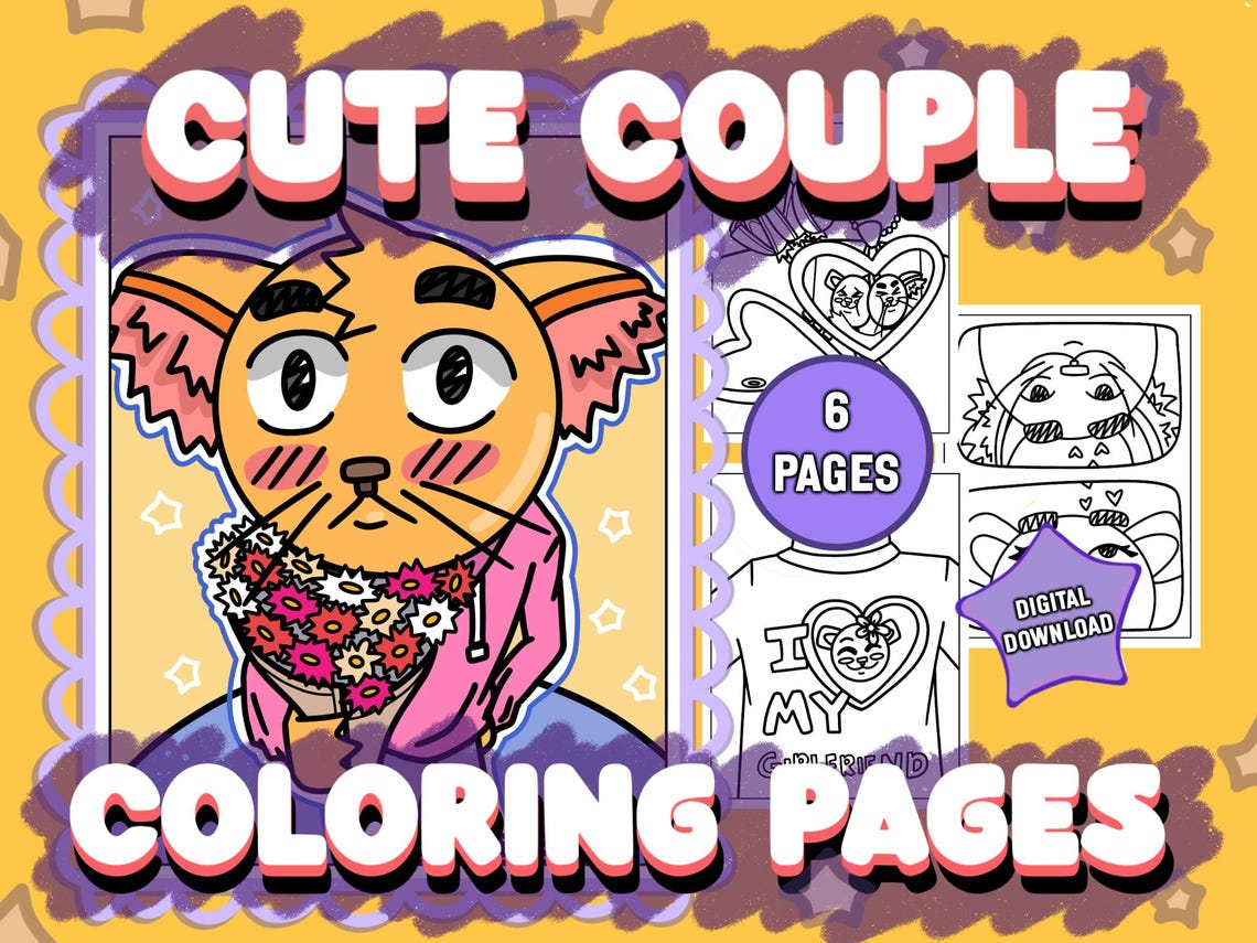 6 Romantic Cute Couple Coloring Book Pages for Adults & Teens, Digital ...