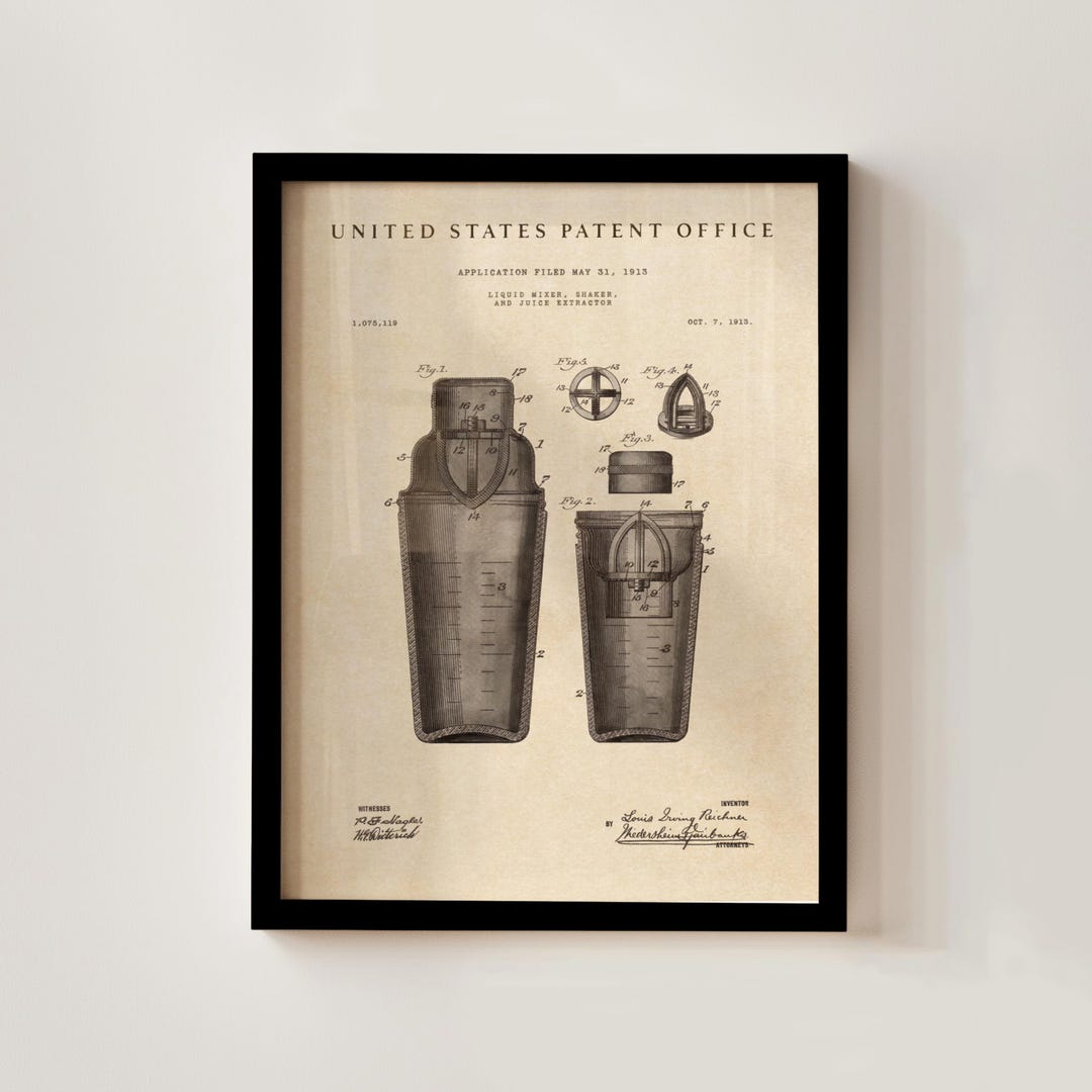 Cocktail Shaker Patent Print, Unique Vintage Gift, Hand-painted ...
