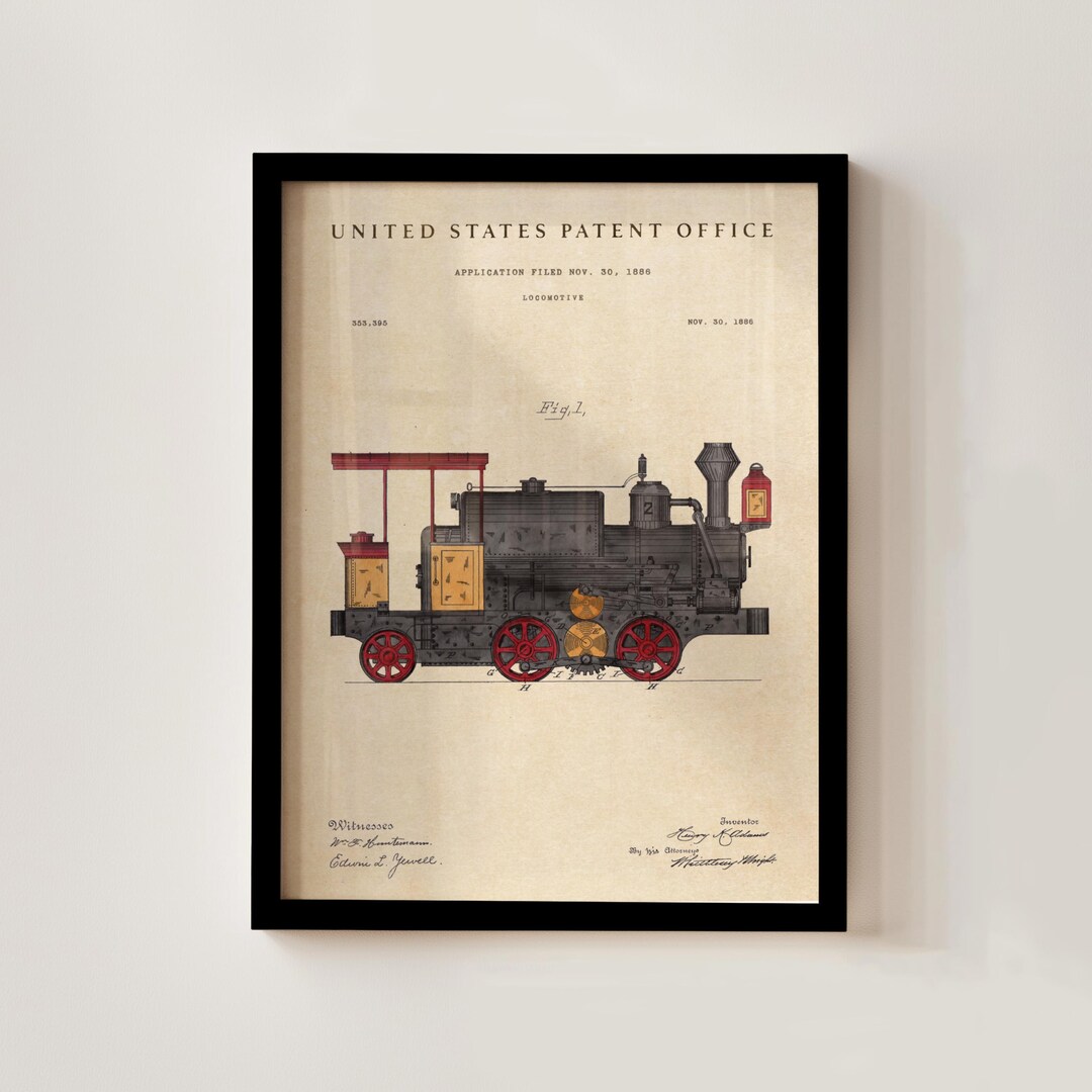 Locomotive Train Patent Print, Unique Vintage Gift, Hand-painted ...