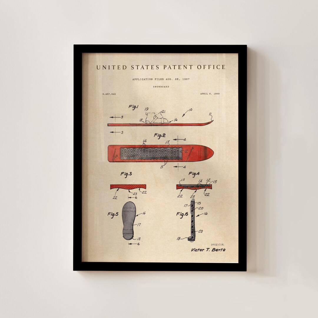 Snowboard Patent Print, Sports Bedroom Art, Unique Vintage Gift, Hand ...