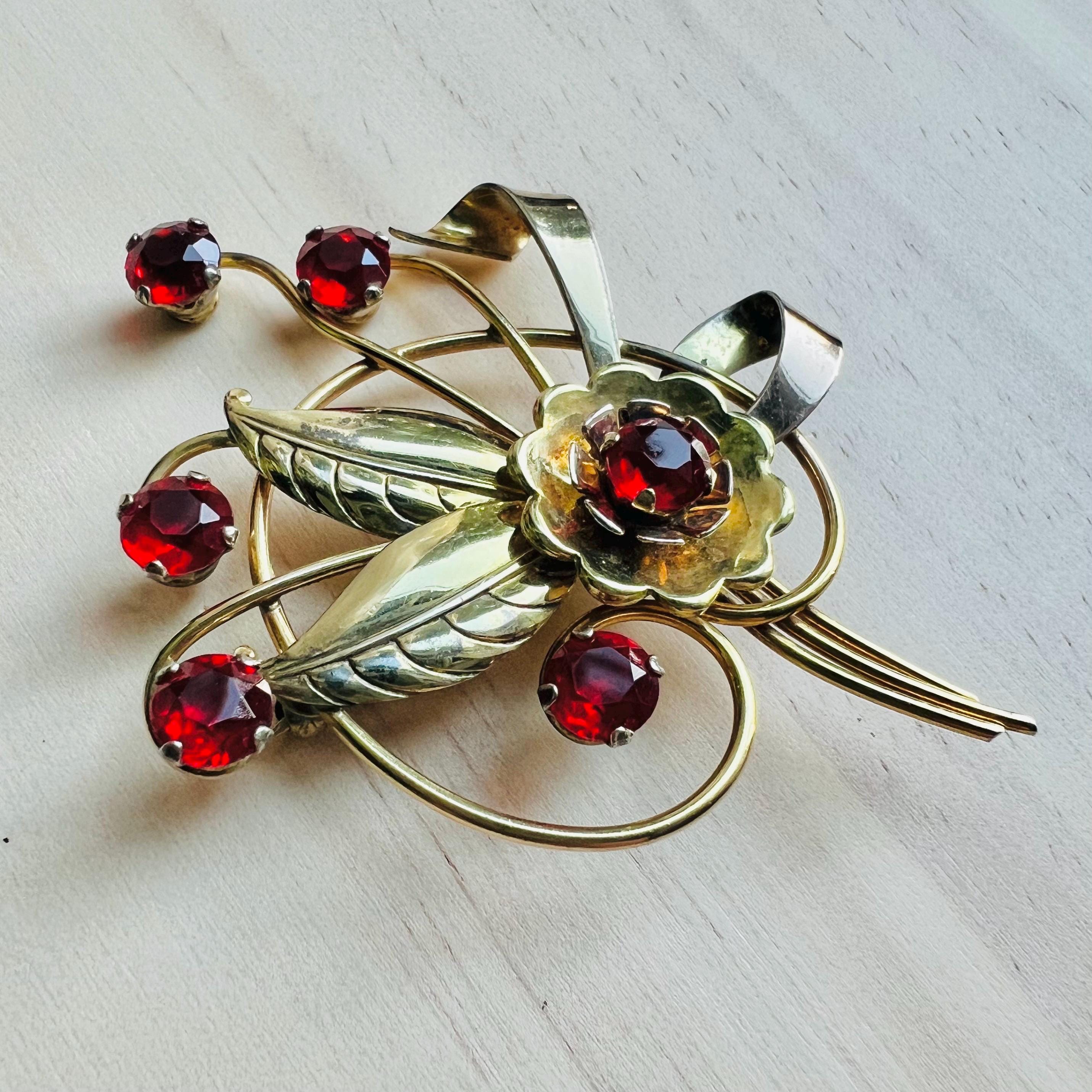 Vintage 1940s Harry Iskin 12K Gold Filled Red Garnet Crystal Flower ...