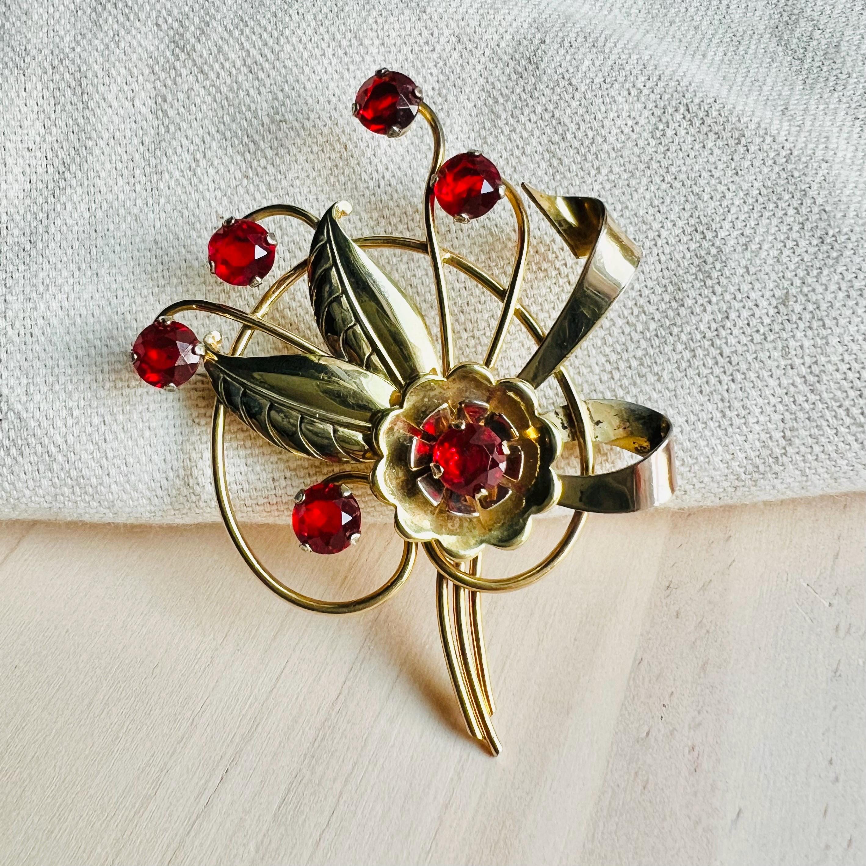Vintage 1940s Harry Iskin 12K Gold Filled Red Garnet Crystal Flower ...
