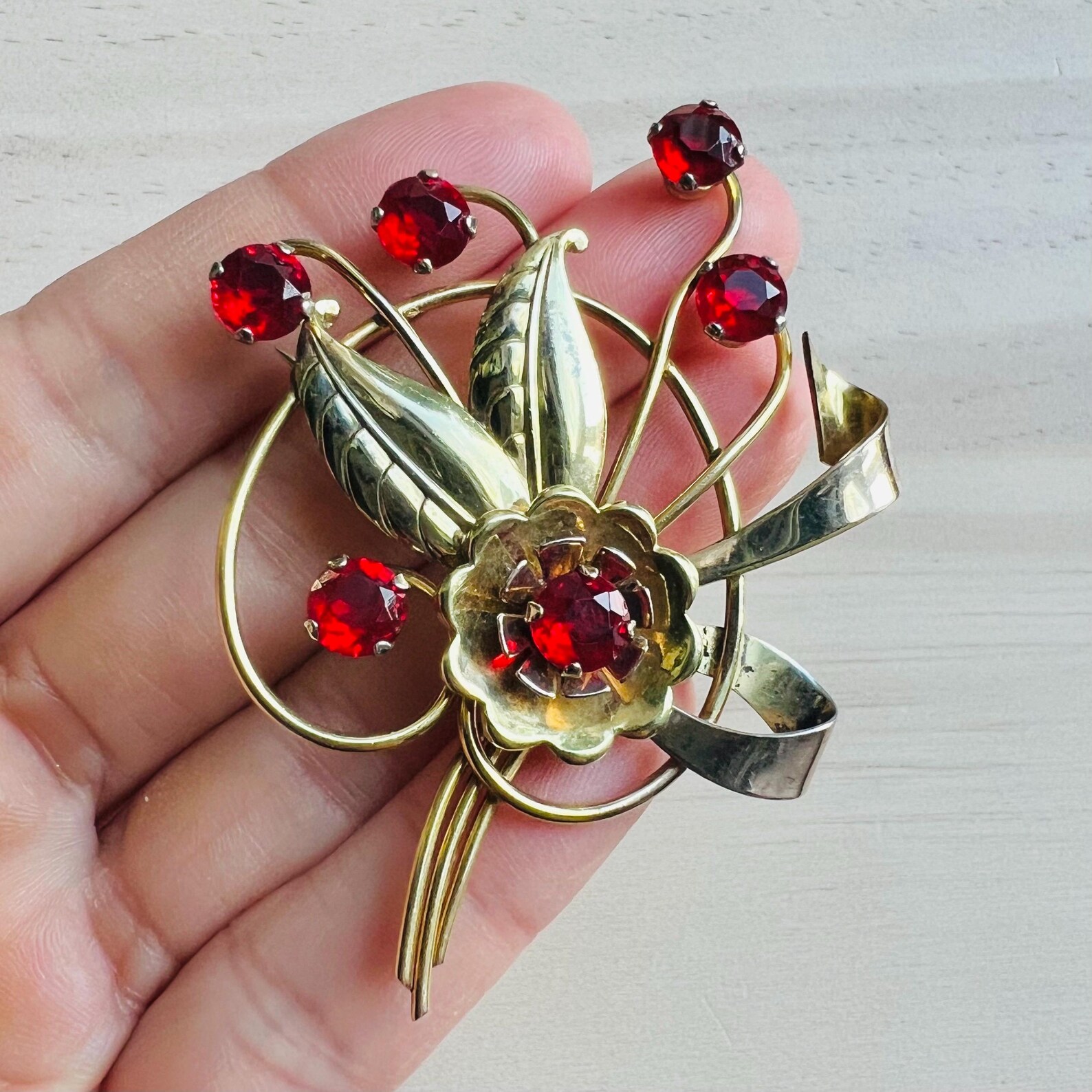Vintage 1940s Harry Iskin 12K Gold Filled Red Garnet Crystal Flower ...