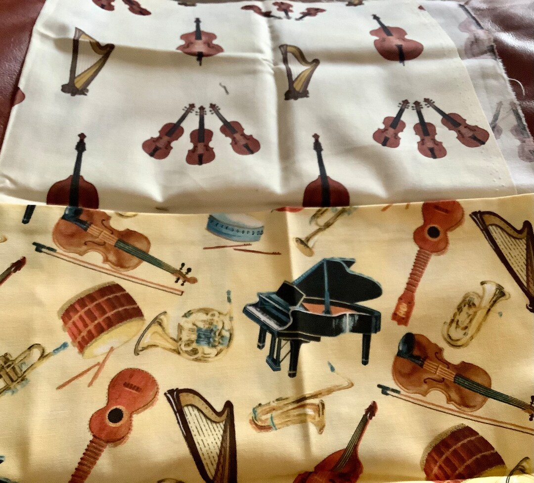 Cotton Musical Instruments Fabric Remnants 2 Pieces 22 by 20 & 19 First ...