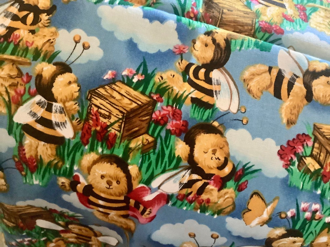 Bumble Bear Print Fabric Remnant | 37” by 26” | Turquoise Blue Red ...