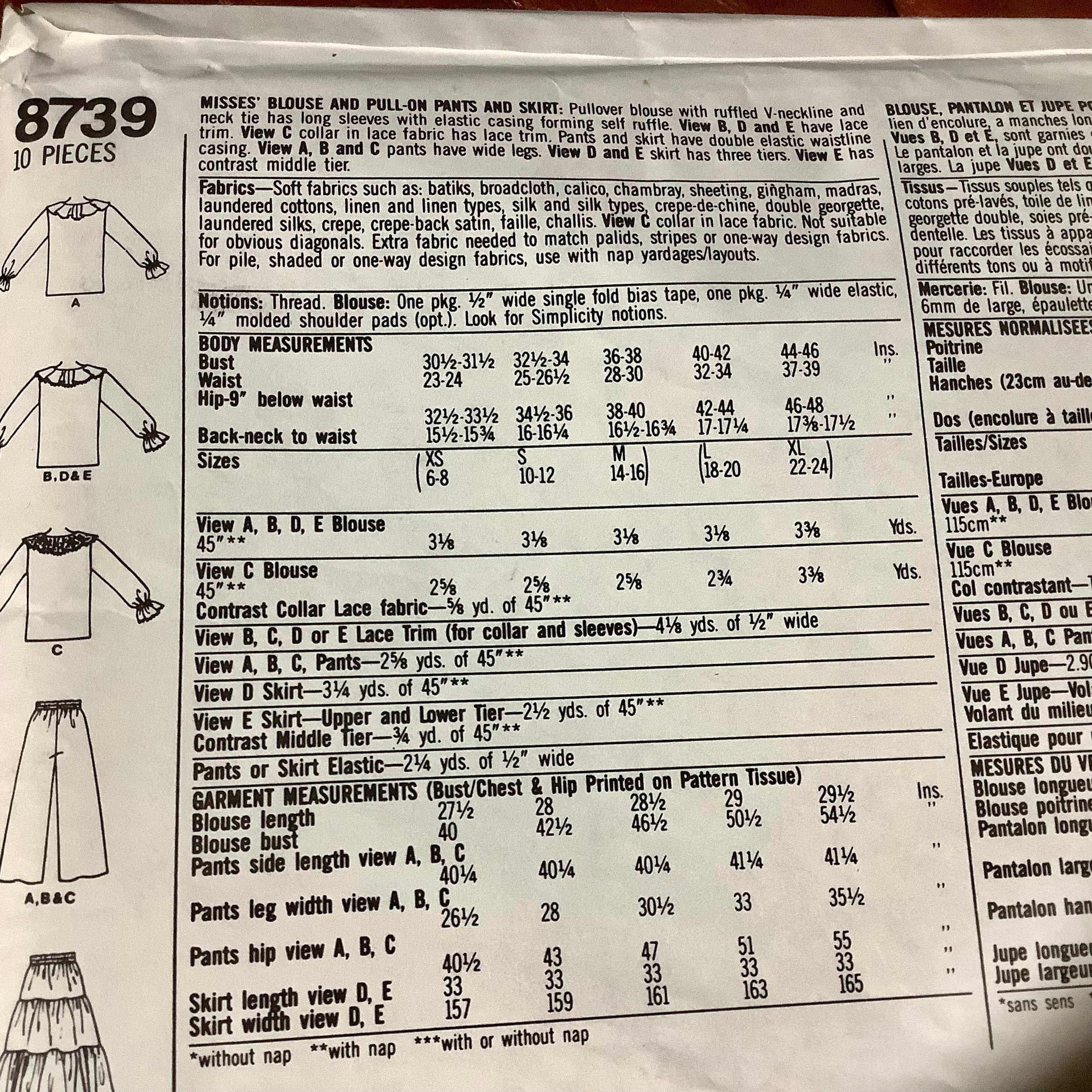 Simplicity 8739 | Blouse & Pull-on Skirt and Pants Pattern | Size L to ...