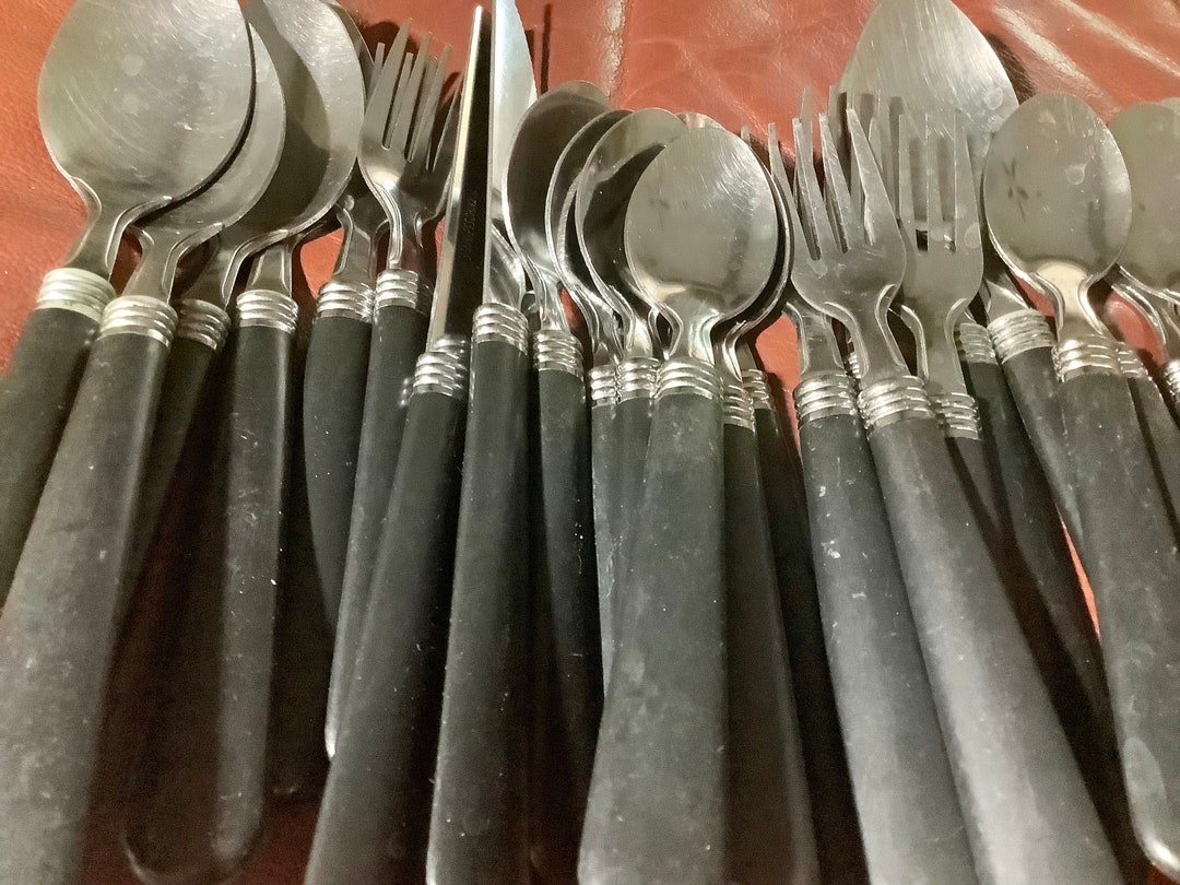 Vintage Stainless Flatware With Black Lucite Handles Nice Condition 27 ...