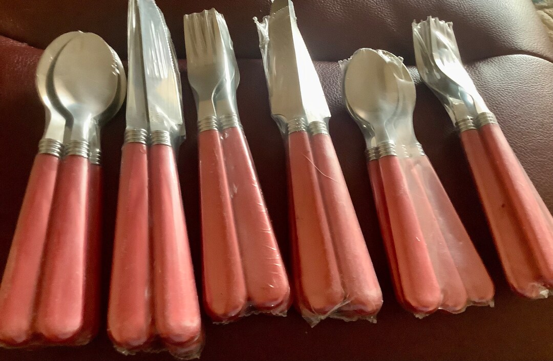 Vintage Stainless Steel Flatware With Red Plastic Handles 24 Pieces ...