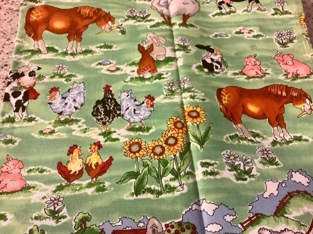 Farm Life Animals, Chicken Rooster Horse Cow Print Cotton Fabric, 1.25 ...