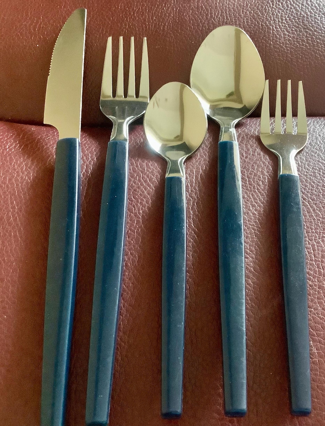 Vintage Stainless Steel Flatware With Blue Lucite Handles, 13 Pieces ...