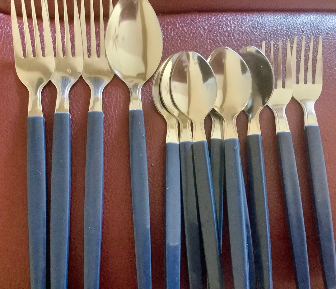 Vintage Stainless Steel Flatware With Blue Plastic Handles | 13 Pieces ...
