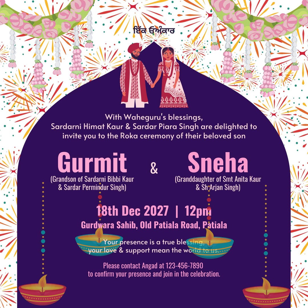 Pastel Pink Sikh Roka Ceremony Invitation Card Customizable Indian ...