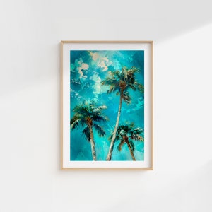 Tropical Oil Painting Blue Palm Trees Print Wall Art, Tropical Coastal ...