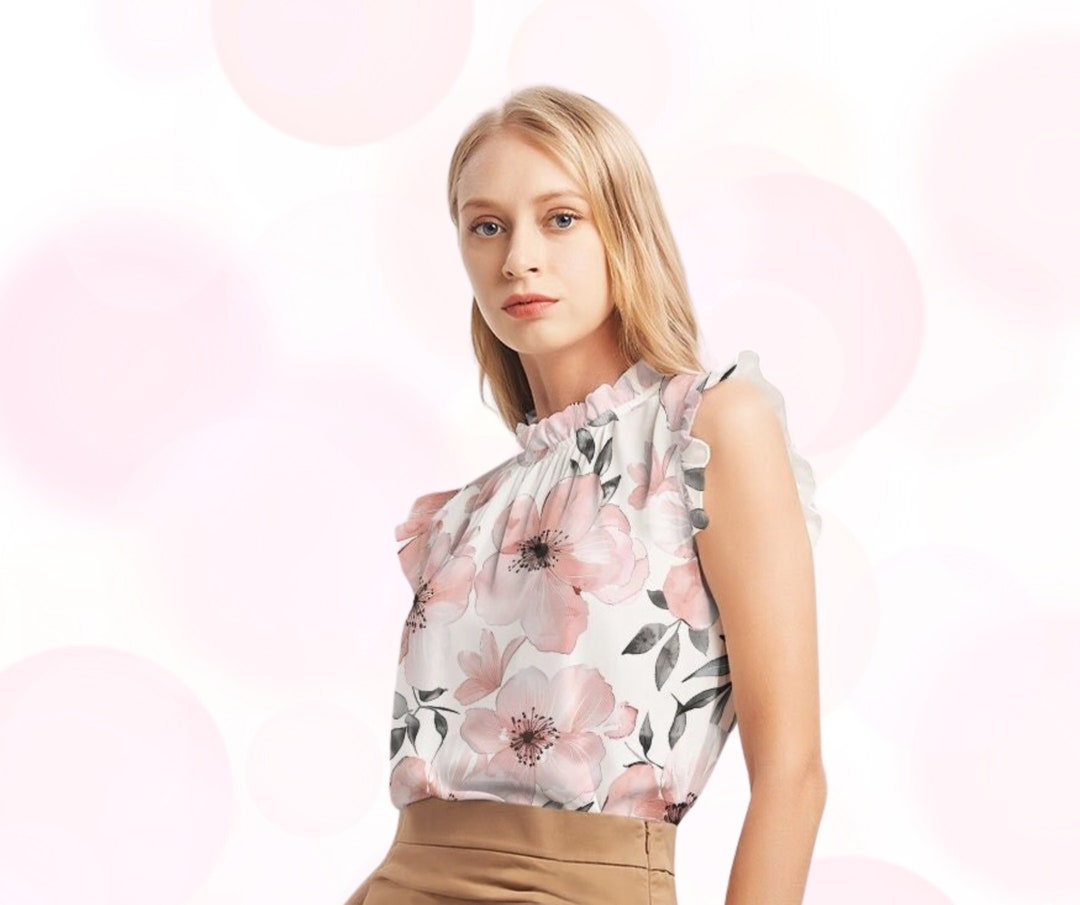 Blush Pink Flower Ruffle Shoulder Sleeveless Chiffon Dressy Party Top ...