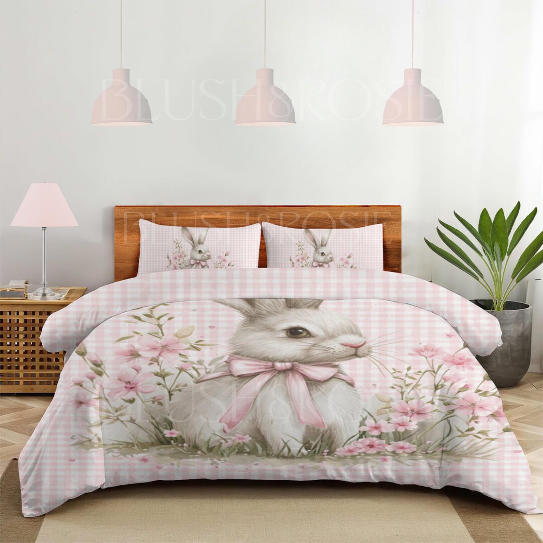 Pink Gingham and Easter Bunny Bedding Set Duvet Cover, Full, Queen ...