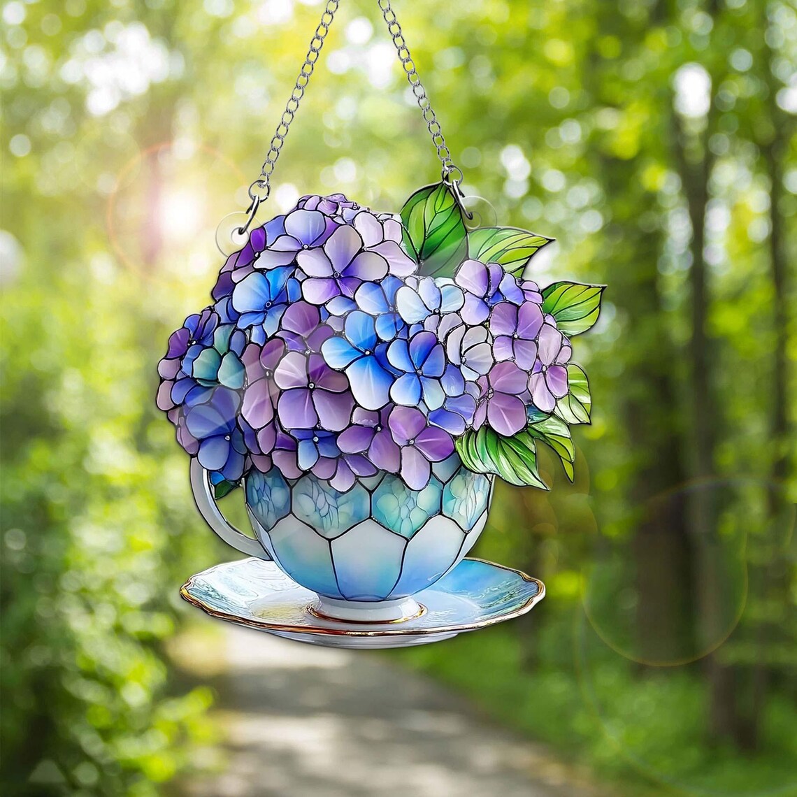 Hydrangea Tea Cup Acrylic Window Hanging Decor Home, Blue and Purple ...