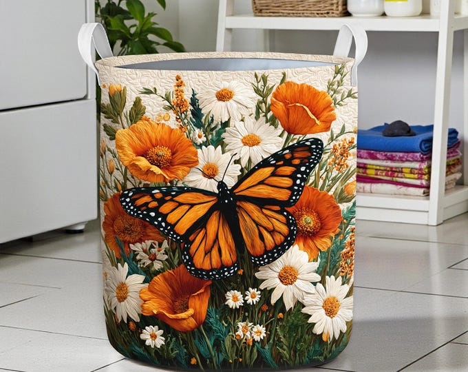 Monarch Butterfly & Poppy Floral Laundry Hamper, Fabric Nature-inspired ...
