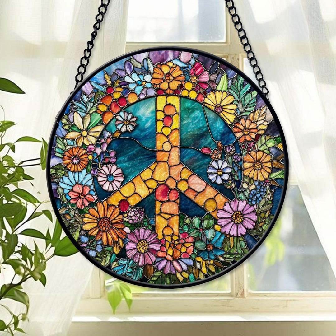 Floral Peace Sign Window Suncatcher, Faux Stained Glass Decor, Hippie ...