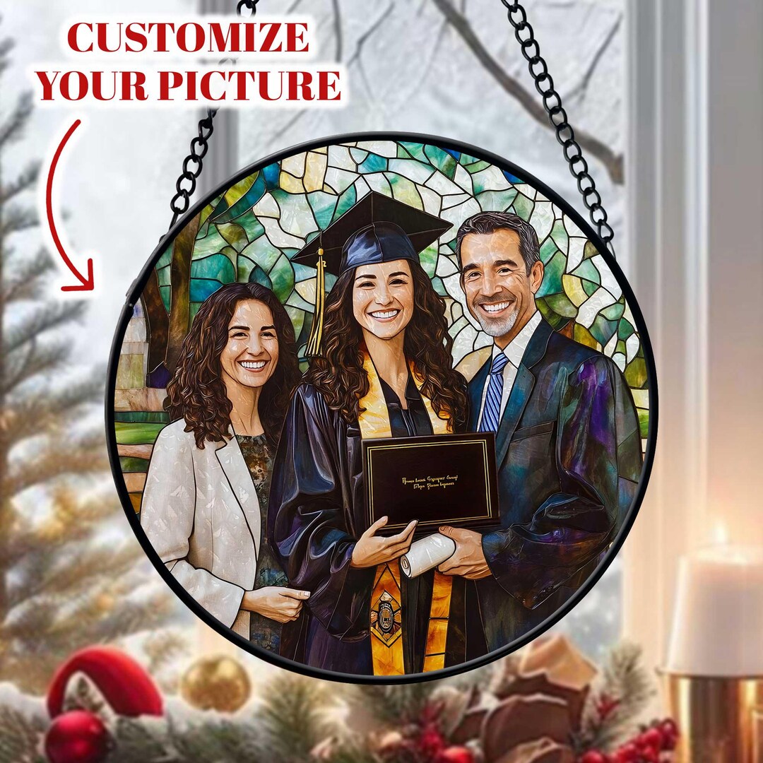 Custom Faux Stained Glass Graduate Girl With Parents Suncatcher, Photo ...