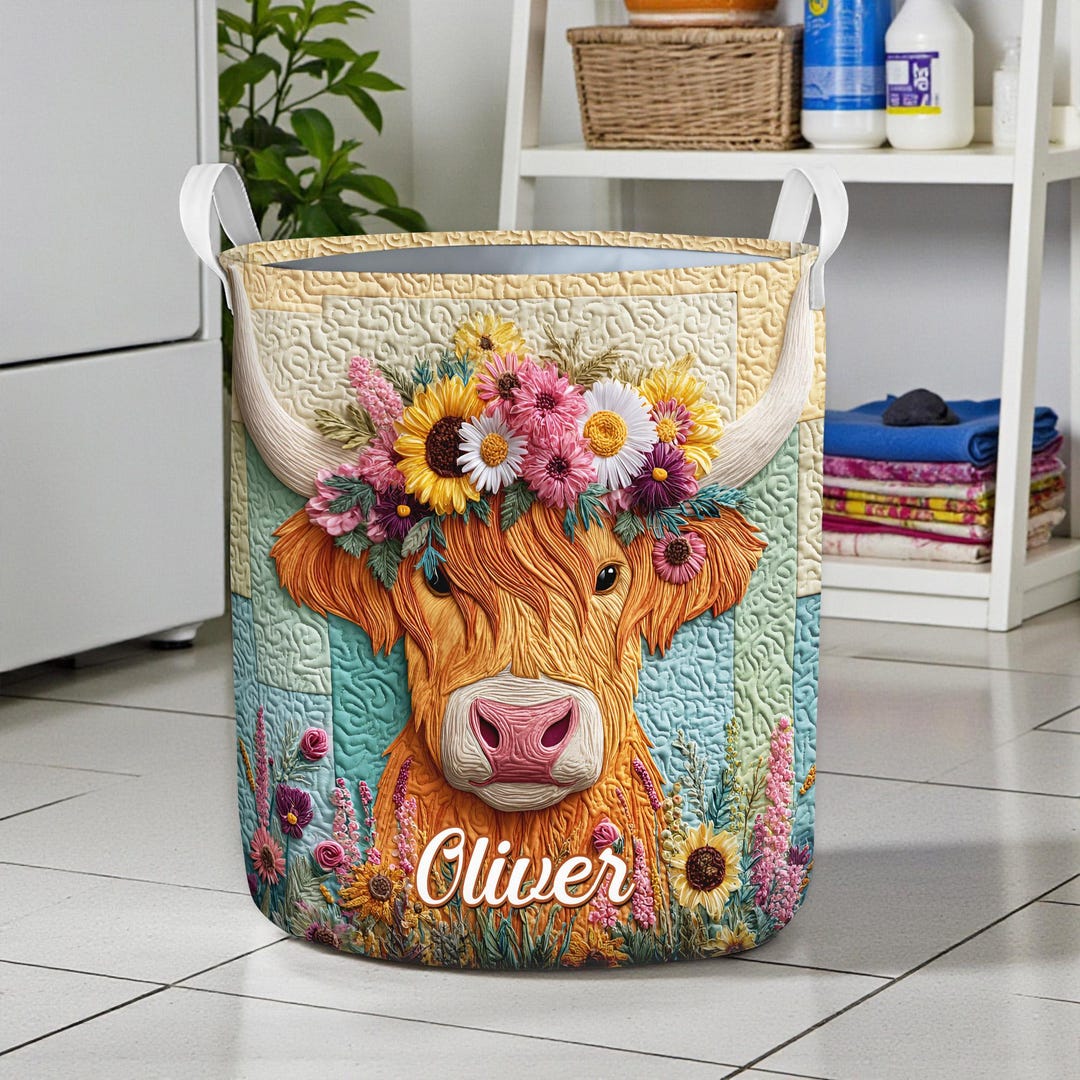 Highland Cow Art Laundry Basket, Personalized Floral Cow Hamper, Farm ...