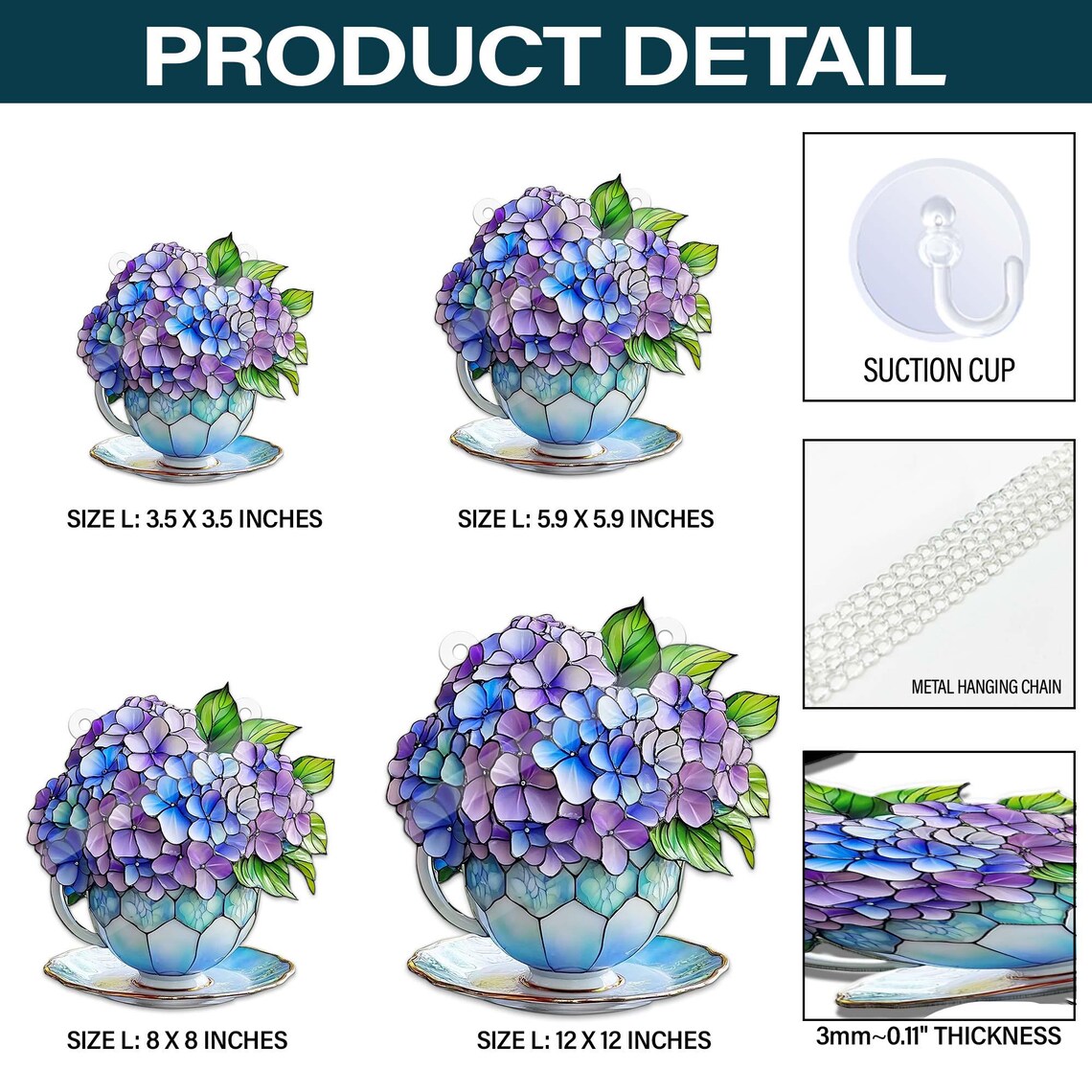 Hydrangea Tea Cup Acrylic Window Hanging Decor Home, Blue and Purple ...