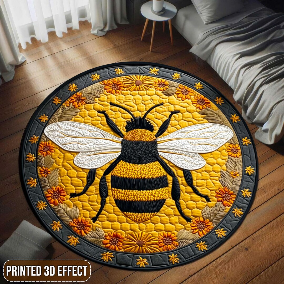 3D Printed Honey Bee Round Mat With Flowers, Bee Rug, Bee Decor Gifts ...