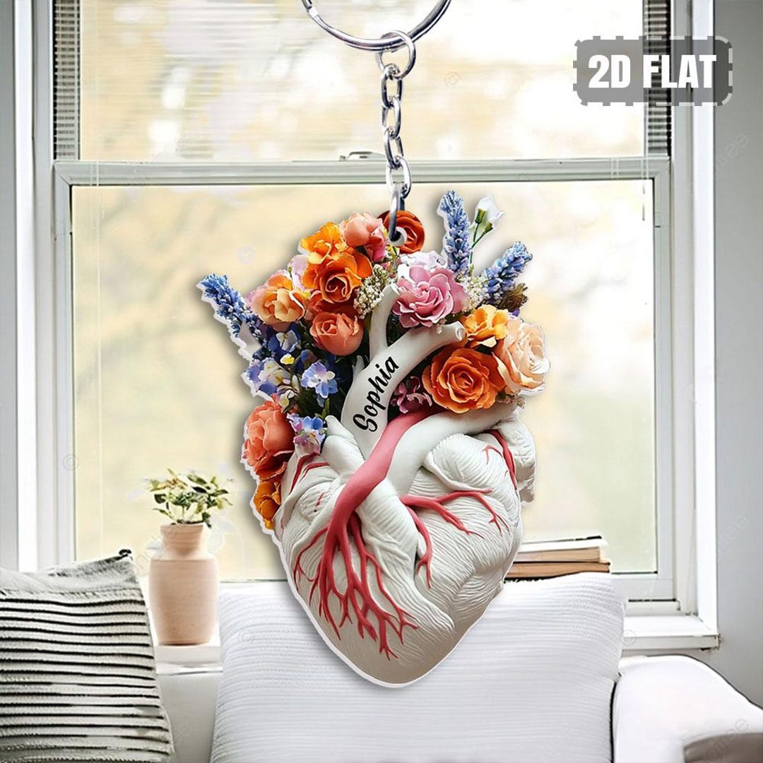 Personalized 2D Flat Anatomical Heart Acrylic Keychain, Floral ...