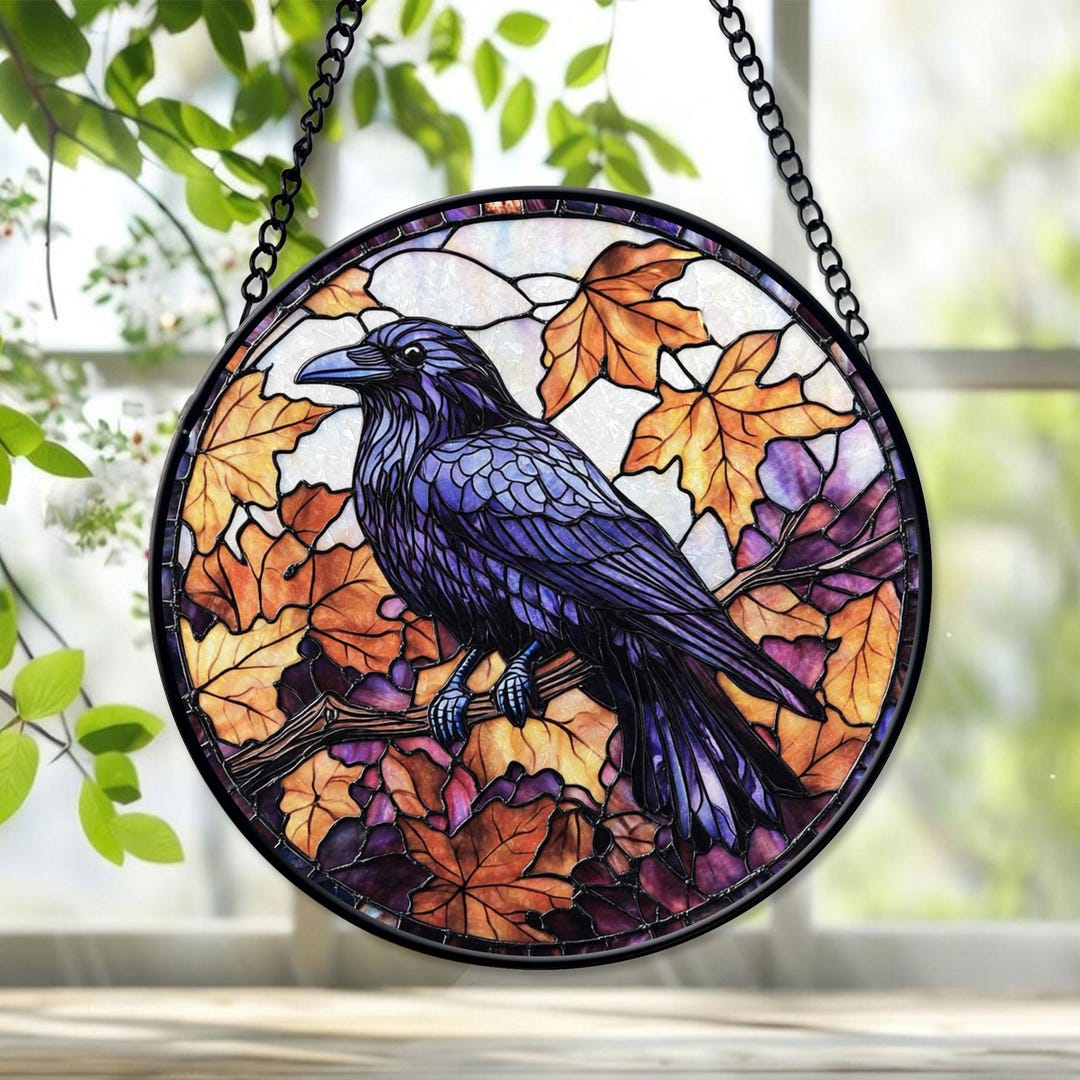 Gothic Raven Faux Stained Glass, Raven Suncatcher, Black Crow Window ...