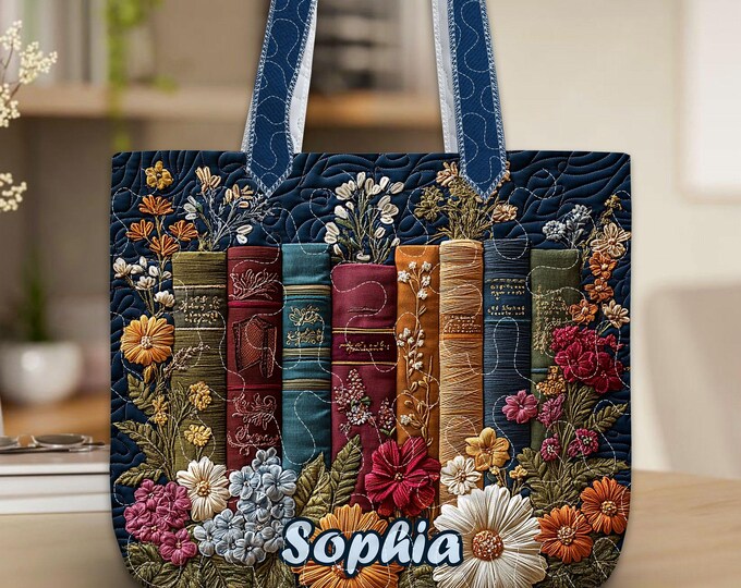 Custom Floral Book Lover Quilted Tote Bag, Vintage Books Handbag ...