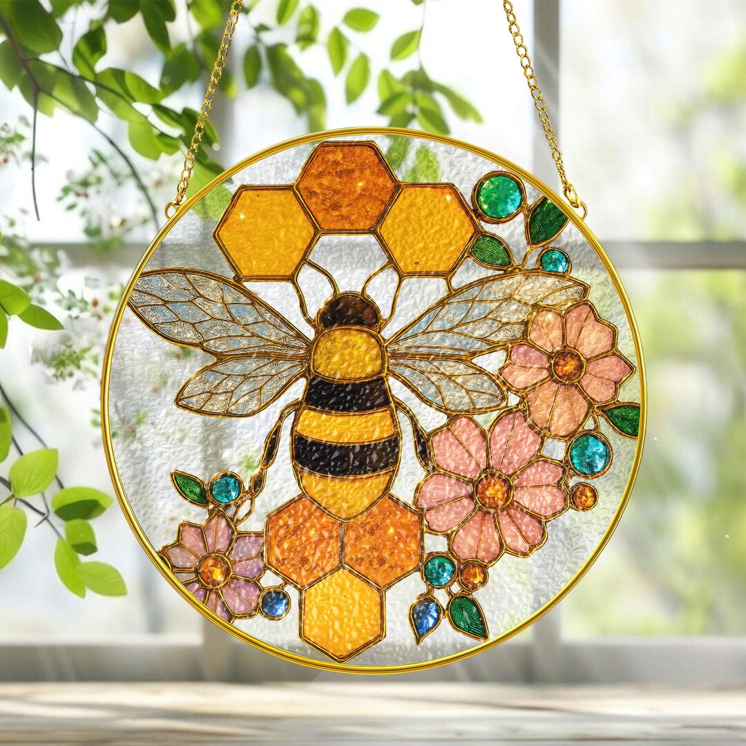 Yellow Suncatcher Honeycomb Faux Stained Glass Suncatcher, Bees ...