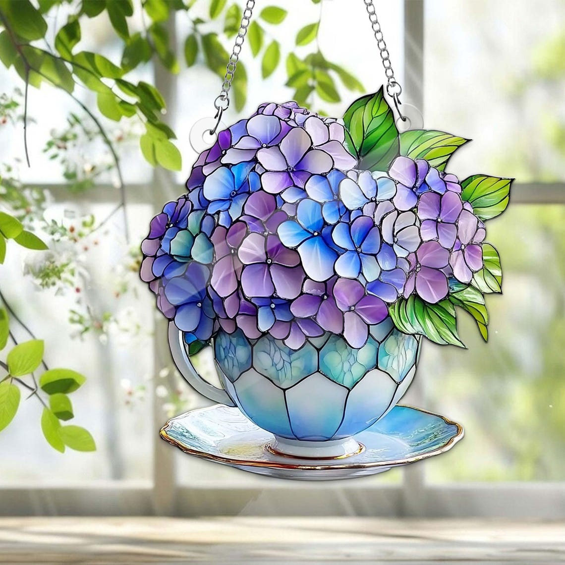 Hydrangea Tea Cup Acrylic Window Hanging Decor Home, Blue and Purple ...