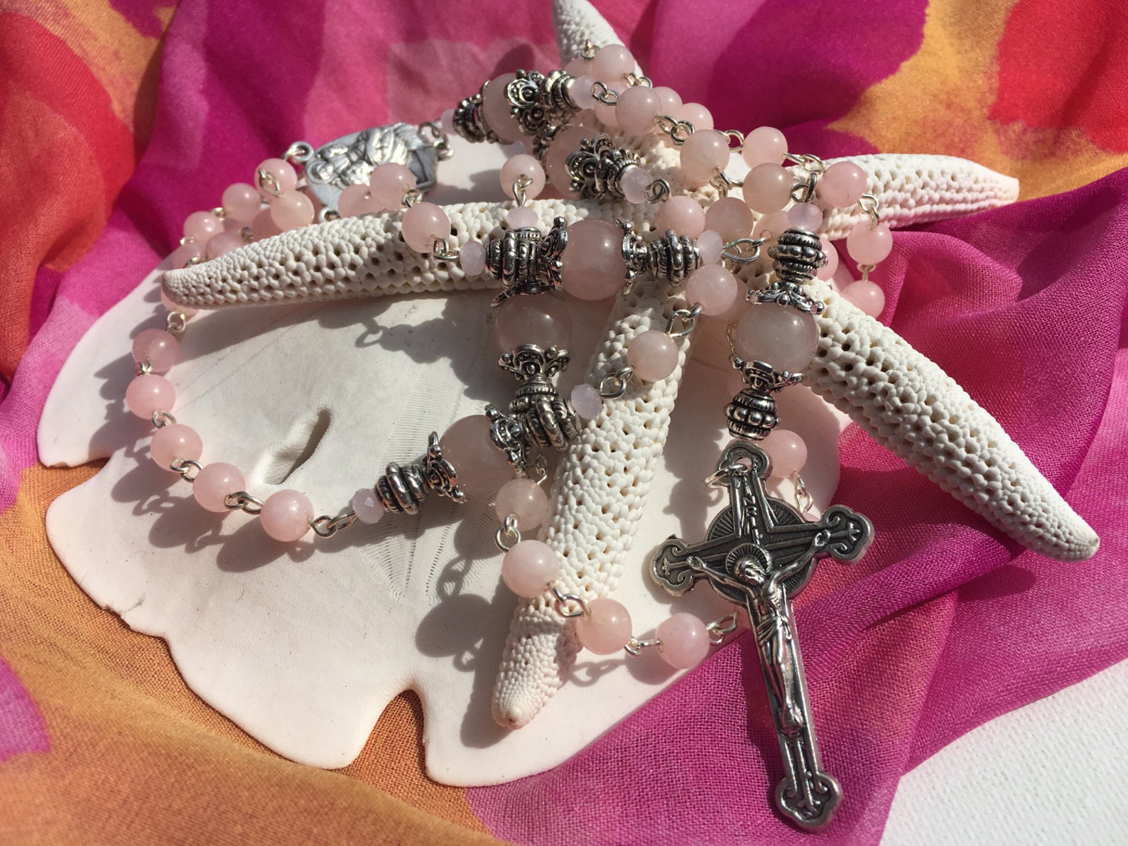 Handmade pale Pink Rose Quartz Beaded Catholic Rosary | Etsy