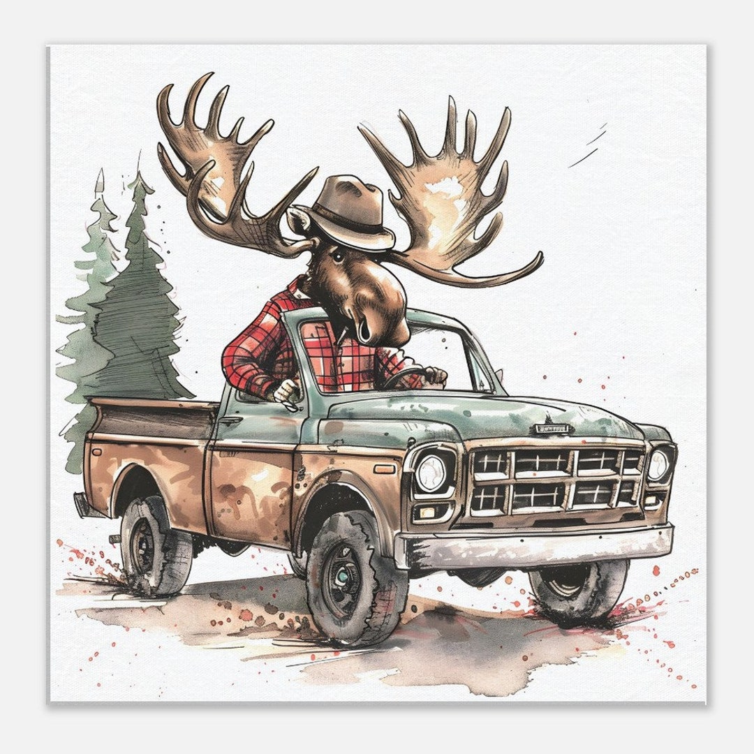 Moose Driving a Pickup Truck 60x60 Cm / 24x24 Square on Canvas - Etsy