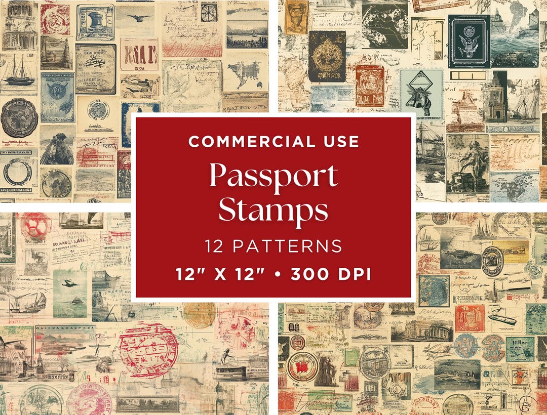 Passport Stamp Digital Paper, Vintage Travel Stamps Scrapbook Paper ...