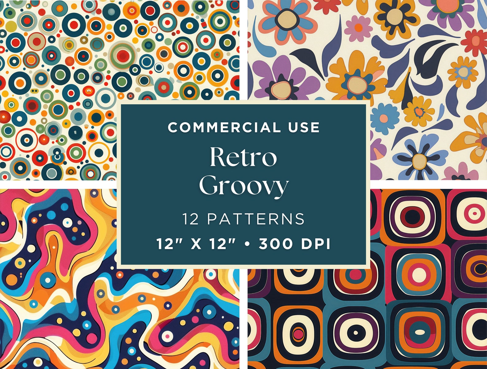 Retro Groovy Digital Papers | Retro Patterns | Commercial Use ...