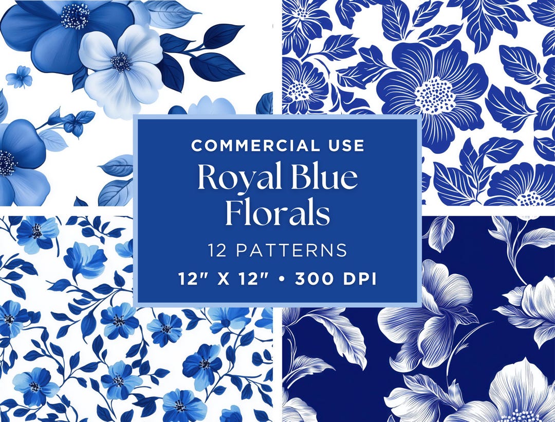 Royal Blue Floral Digital Paper Commercial Use Instant Download Digital ...