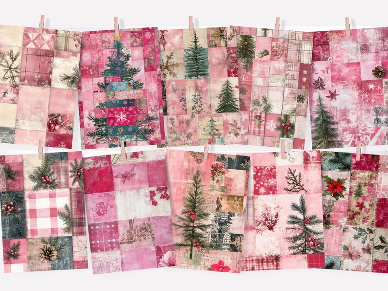 Pink Christmas Patchwork Junk Journal Pages Printable Art for ...