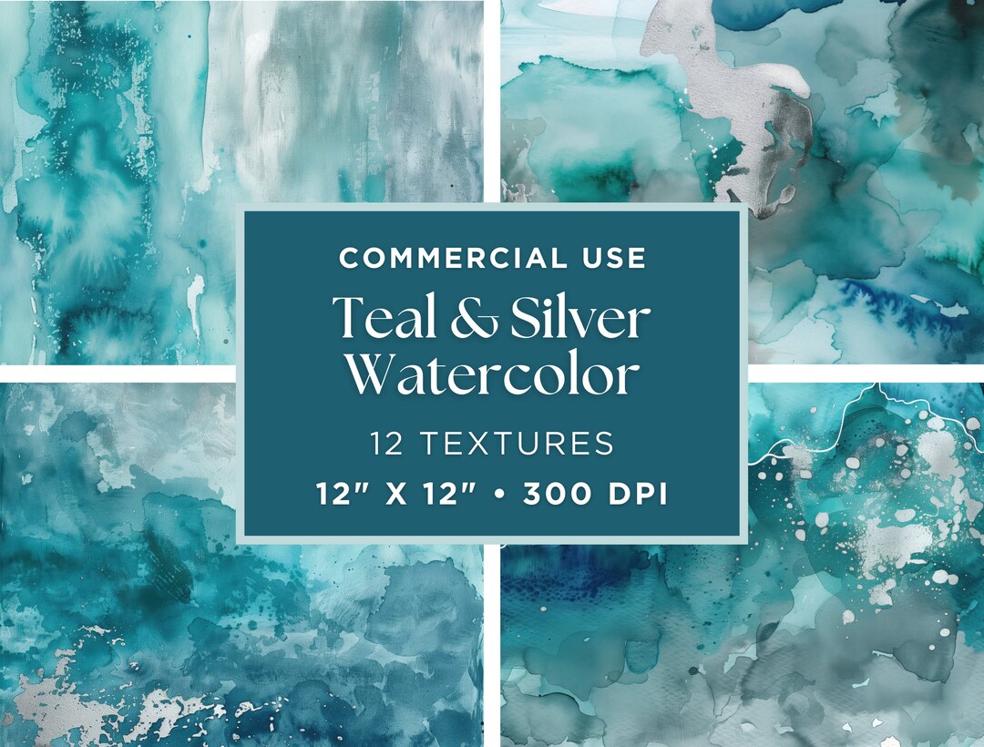Teal and Silver Digital Paper | Watercolor Floral Splash | Watercolor ...