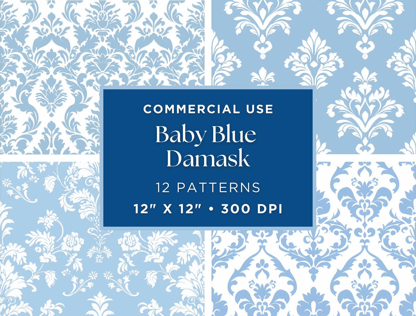Digital Paper Baby Blue Damask | Printable Damask | Commercial Use ...
