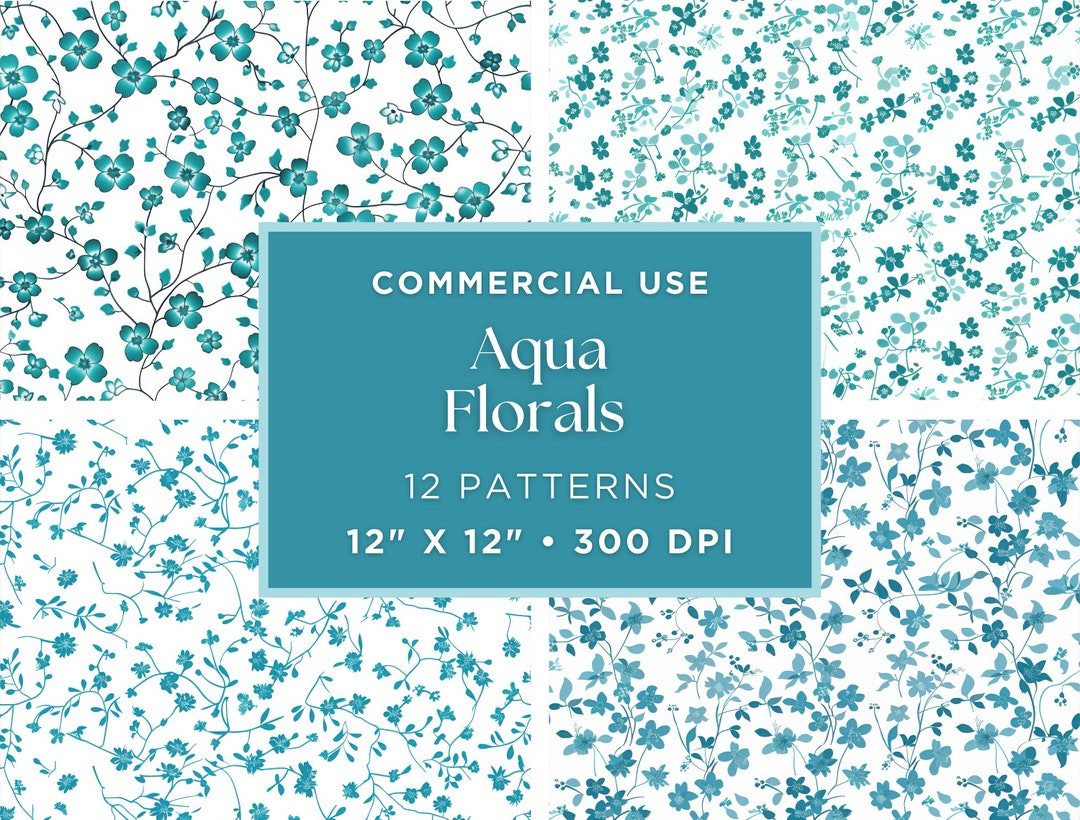 Digital Paper | Scrapbook Paper | Aqua Flowers | Teal Blue | Digital ...